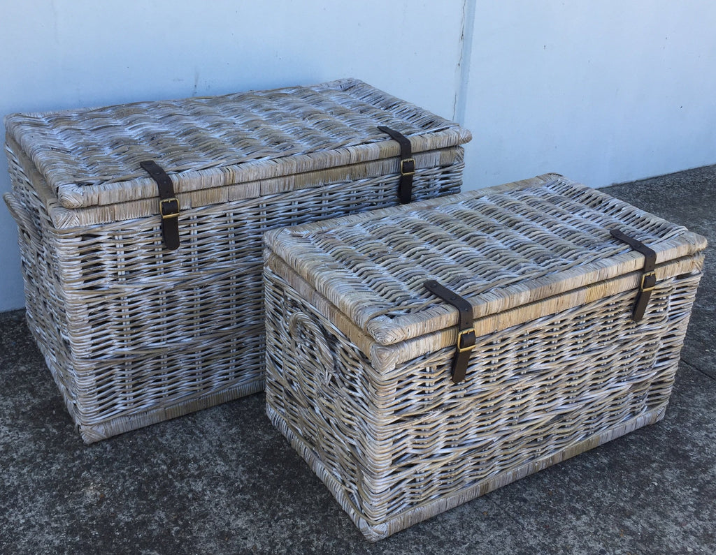 S/2 Rattan Trunks with Leather Straps Wholesale / Cane / Kabu Grey ...